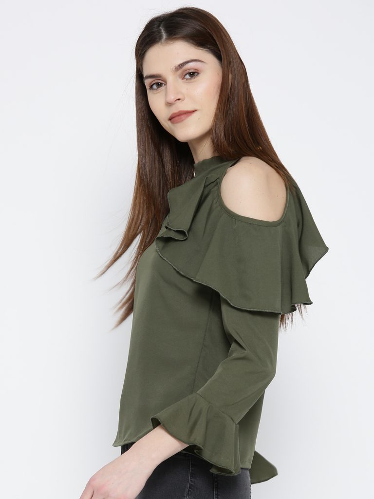 Women Olive Green Solid Ruffled Top - Bhalei